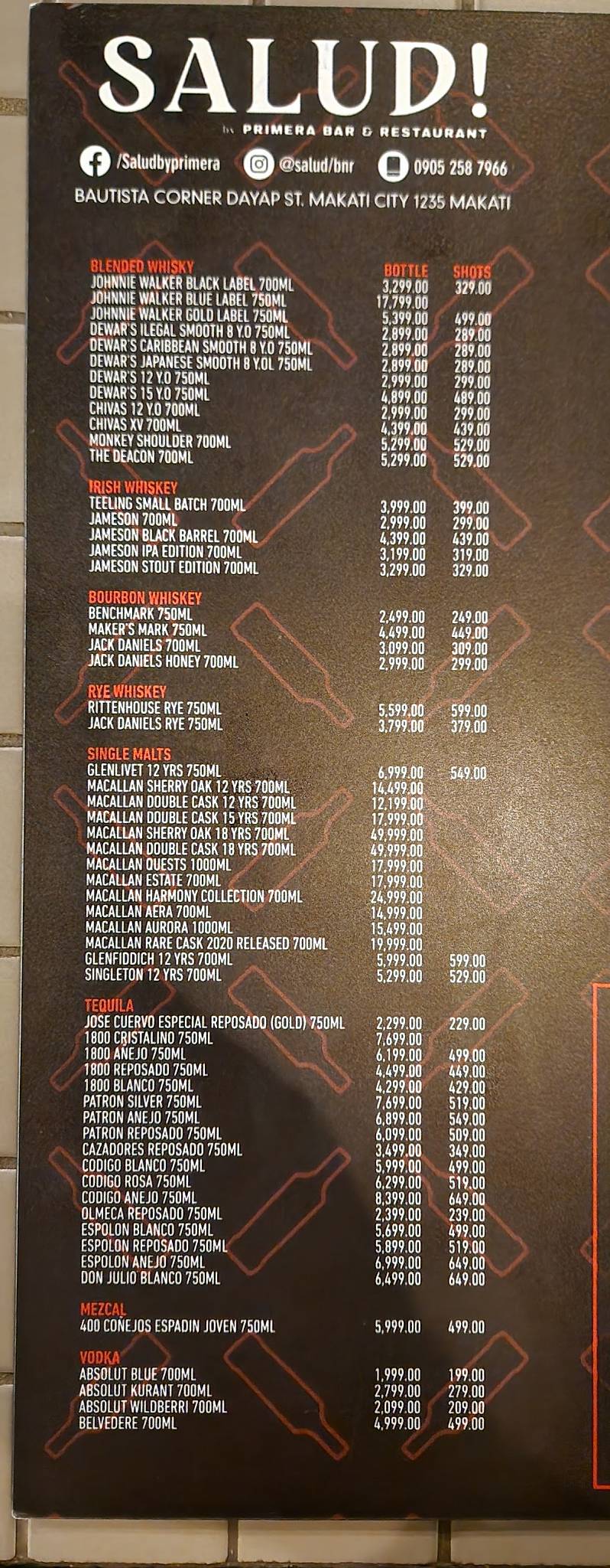 Menu at Salud! by Primera Bar & Restaurant, Makati