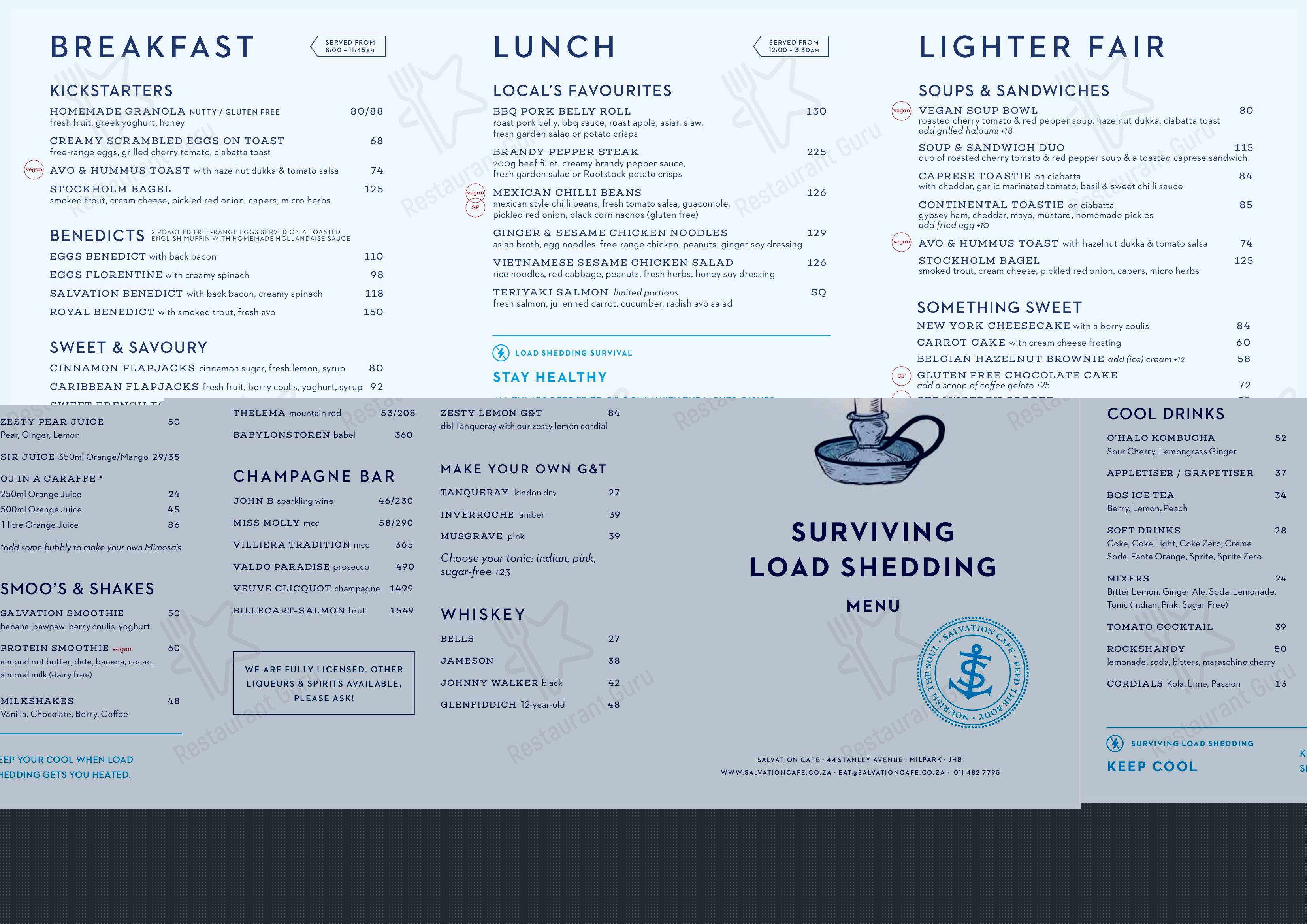 Menu at Salvation Cafe, Johannesburg
