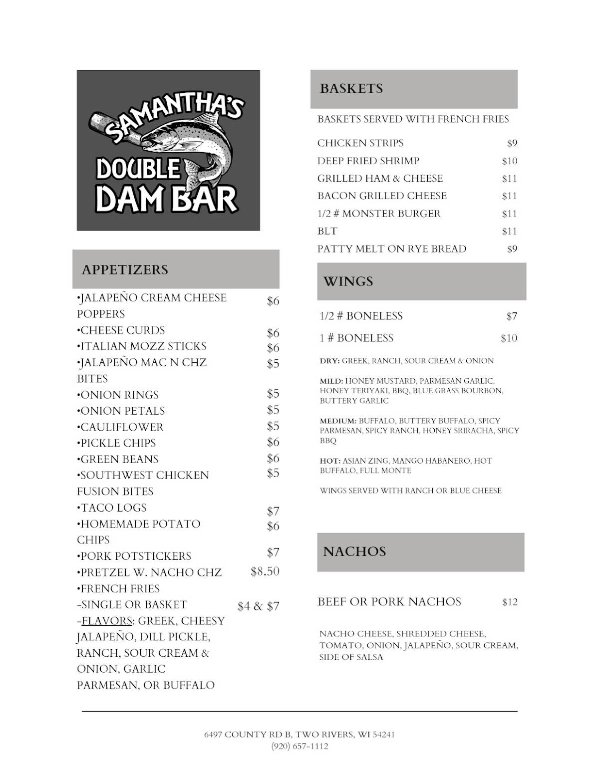 Menu at Samantha's Double Dam Bar AKA Ring Of Fire, Two Rivers