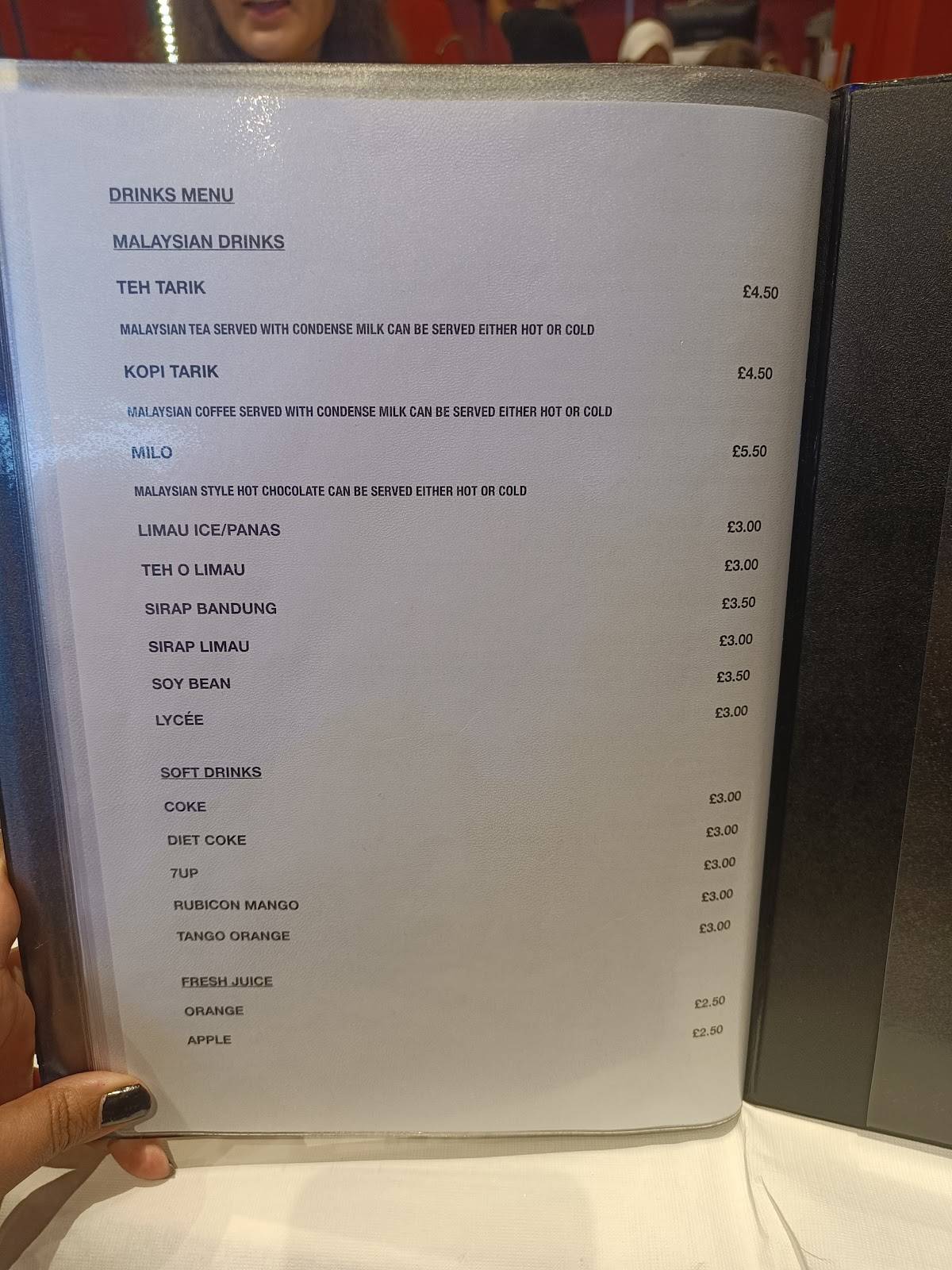 Menu at Sambal restaurant, Manchester