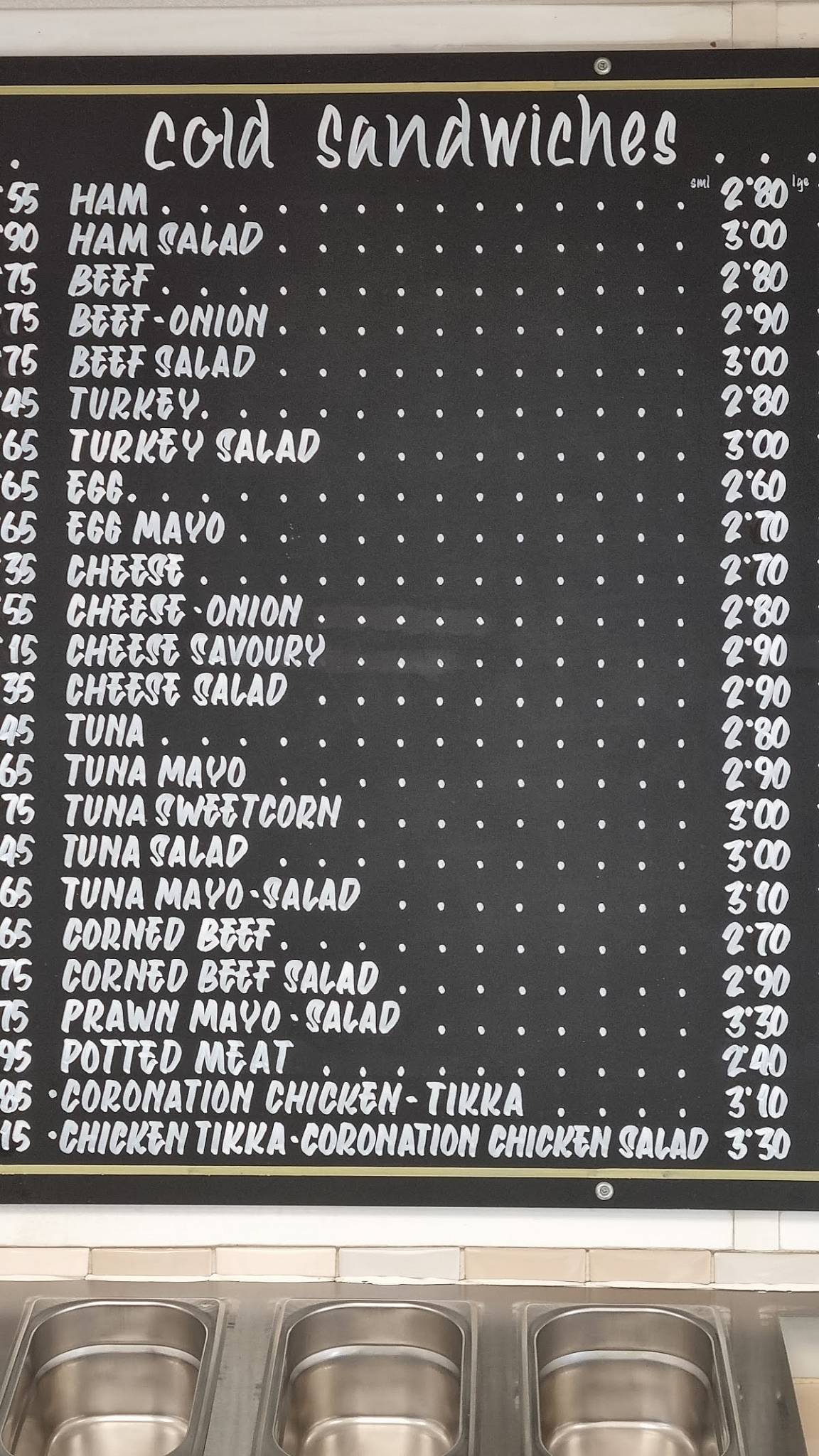 Menu at Sam's Sarnies fast food, Leeds