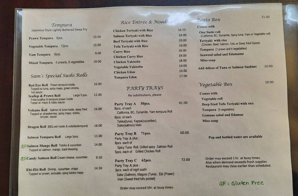 Menu at Sam's Sushi restaurant, Parksville