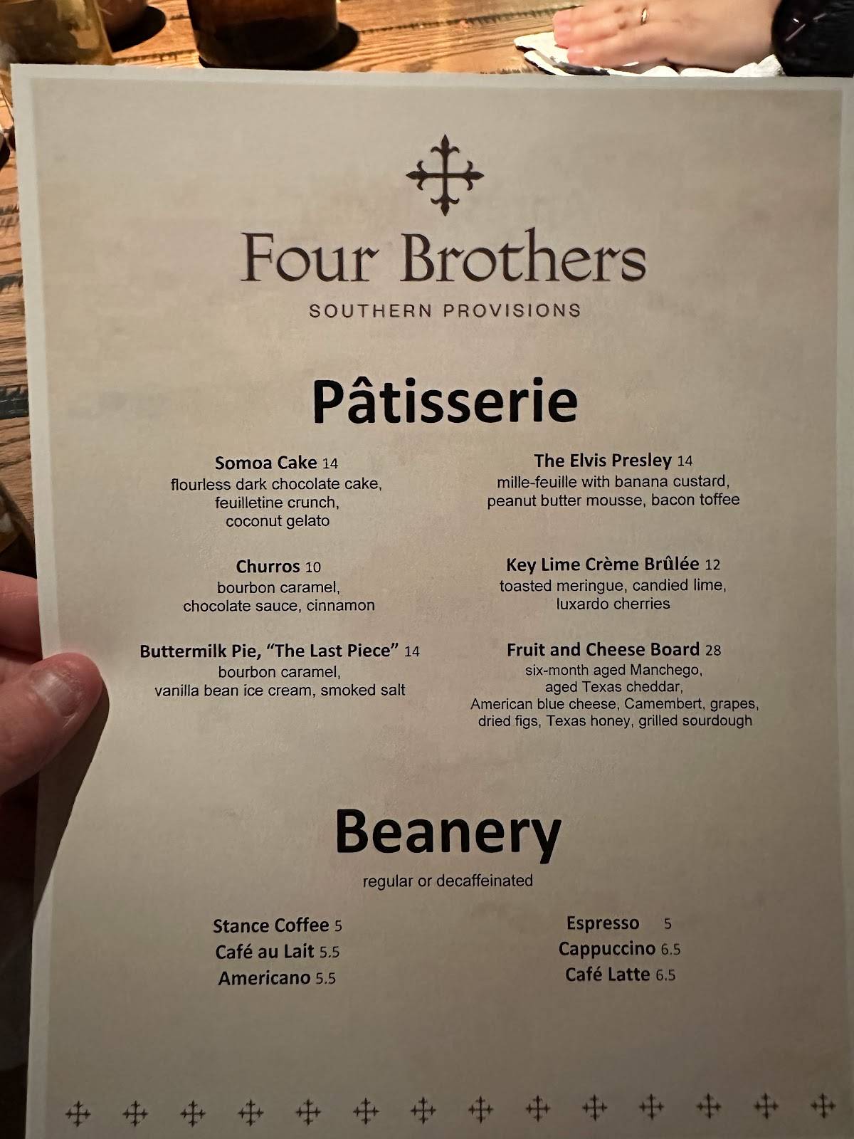 Menu at Four Brothers restaurant, San Antonio