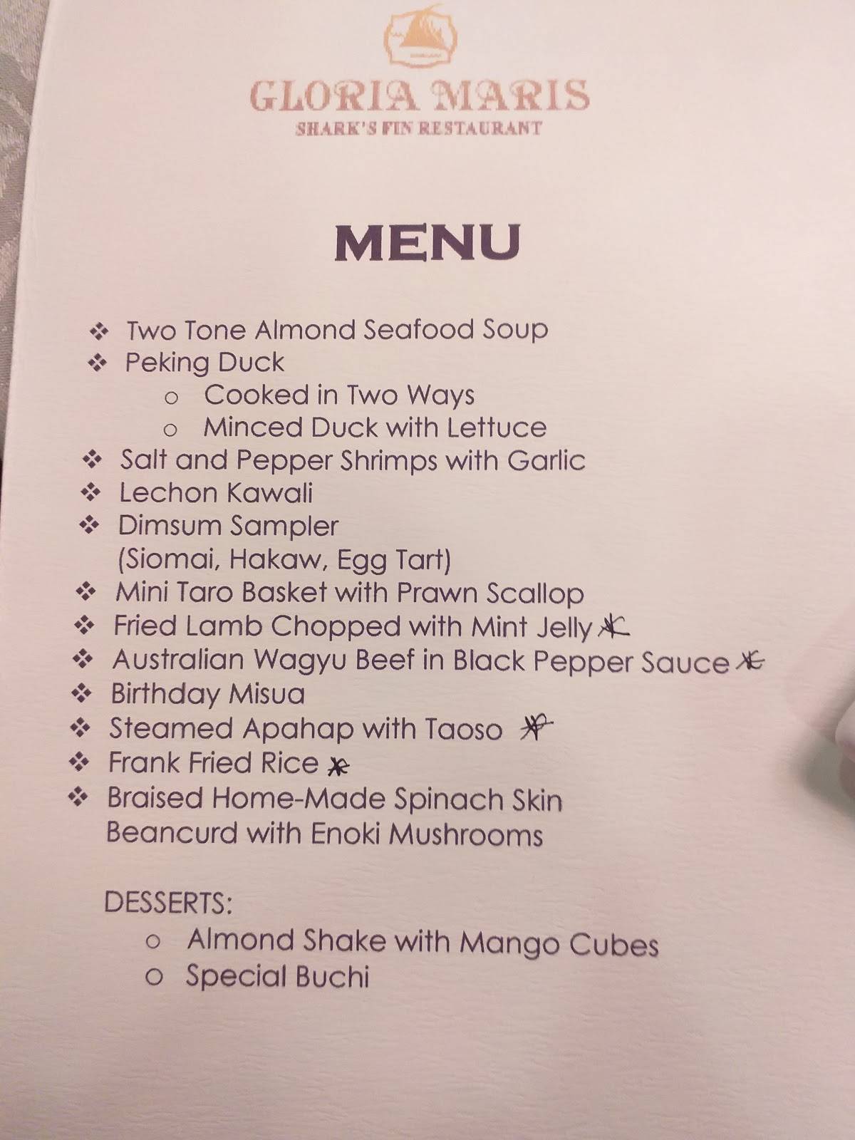 Menu at Gloria Maris Shark's Fin Restaurant Greenhills, San Juan ...