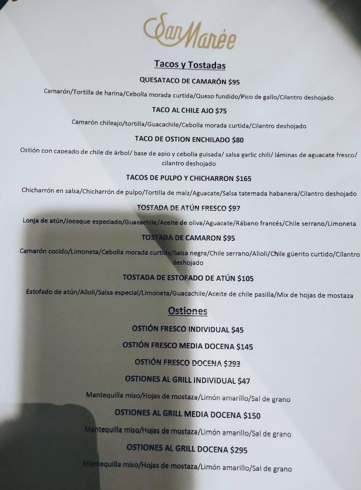 Carta del restaurante San Mareé, Tijuana