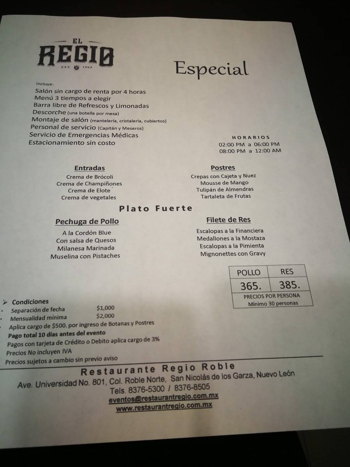 Carta de Restaurante Regio, San Nicolás de los Garza, Avenida ...