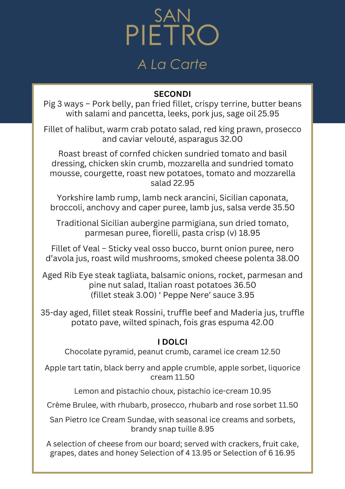 Menu at San Pietro restaurant, Scunthorpe