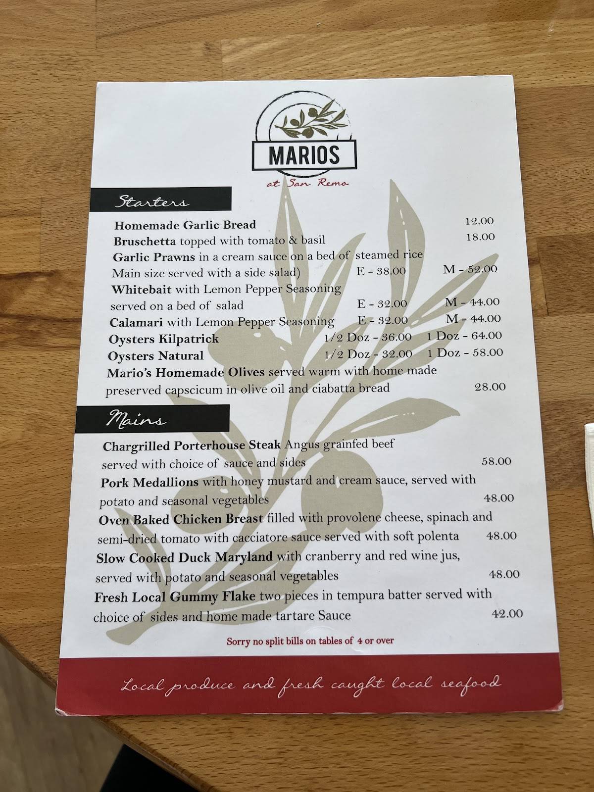 Menu at Mario's at San Remo restaurant, San Remo