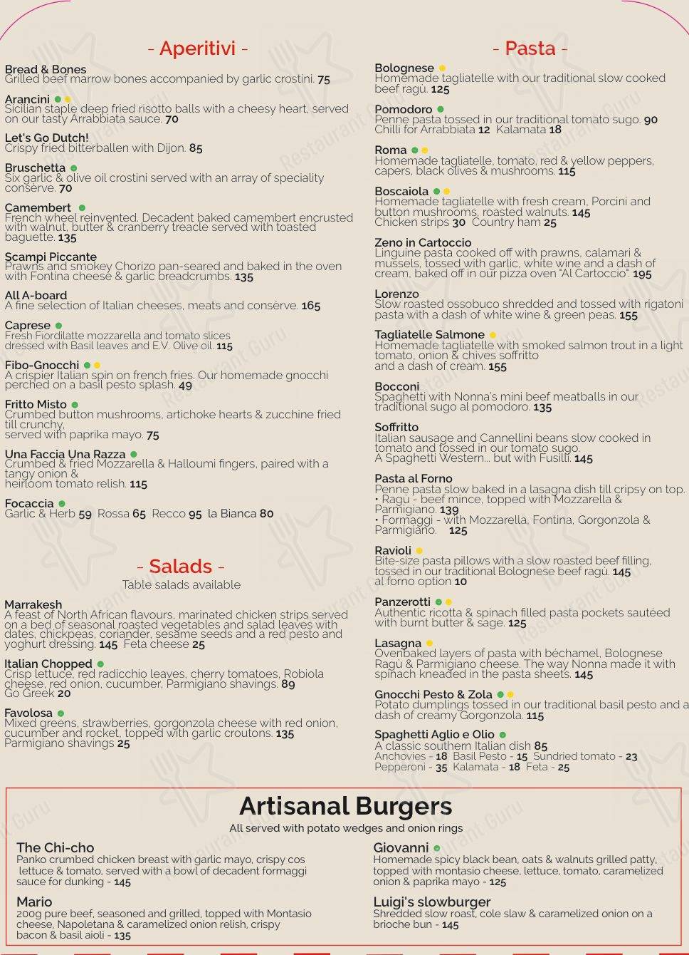 Menu at San Tomato restaurant, Kempton Park