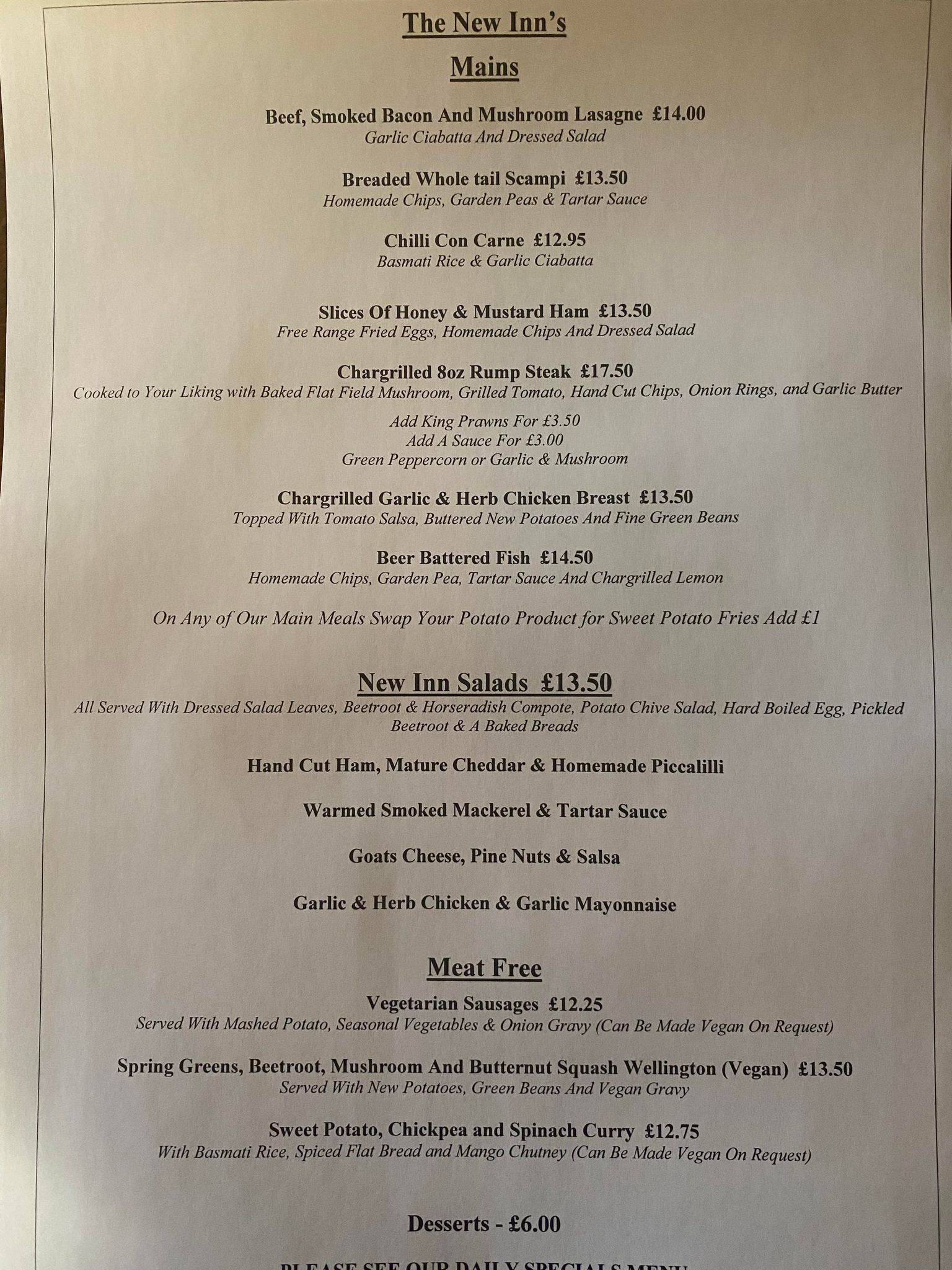 Menu at The New Inn pub & bar, Sandwich, 2 Delf Street