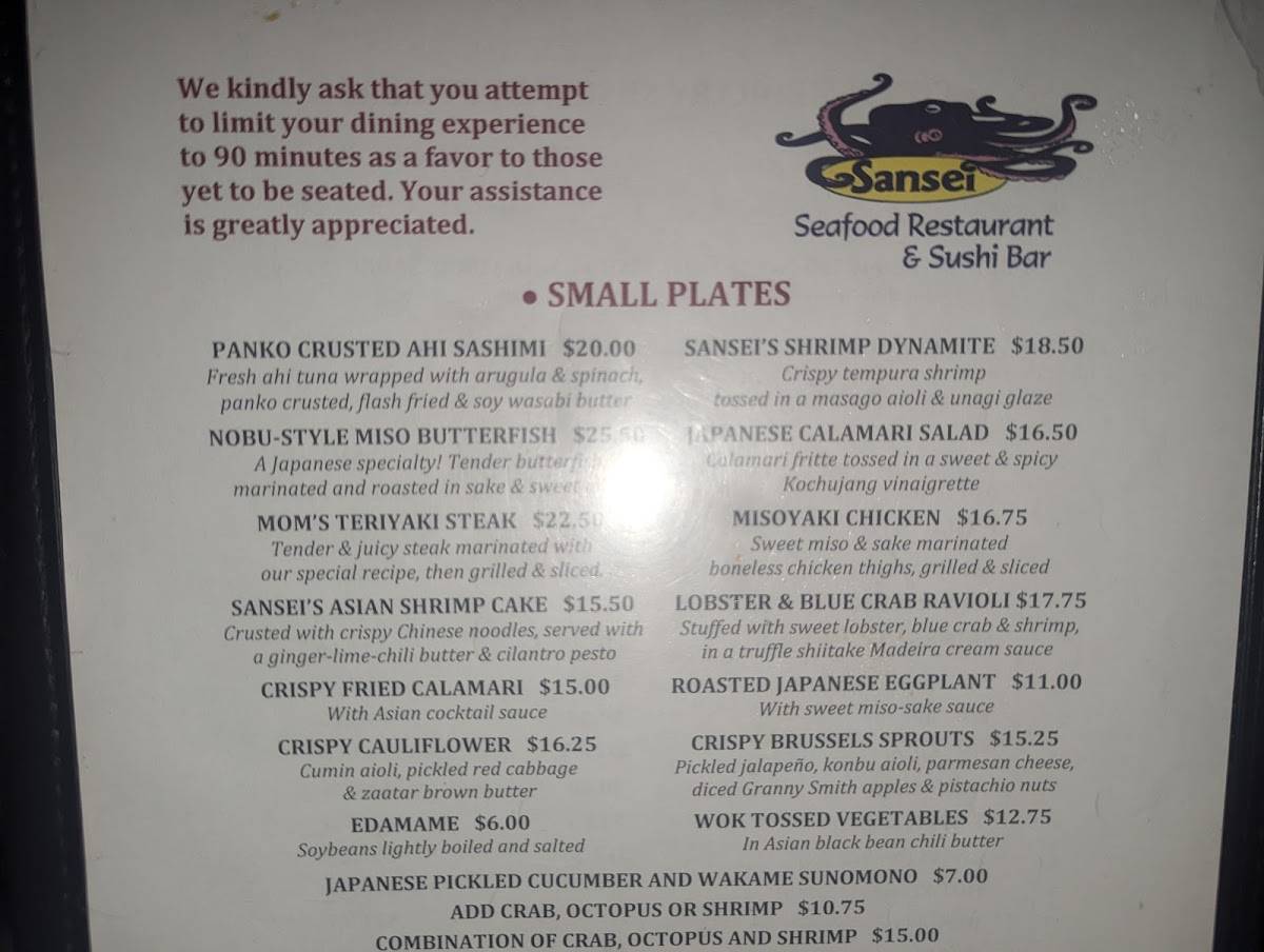 Menu at Sansei Seafood Restaurant & Sushi Bar, Kapalua