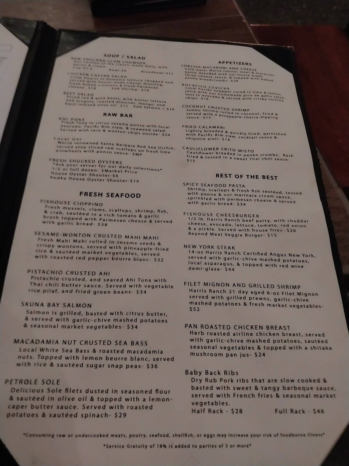 Menu at Santa Barbara FisHouse, Santa Barbara