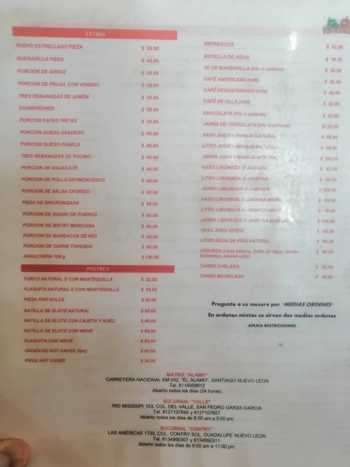 Carta del restaurante Los Toreados del Álamo, Santiago, México 85