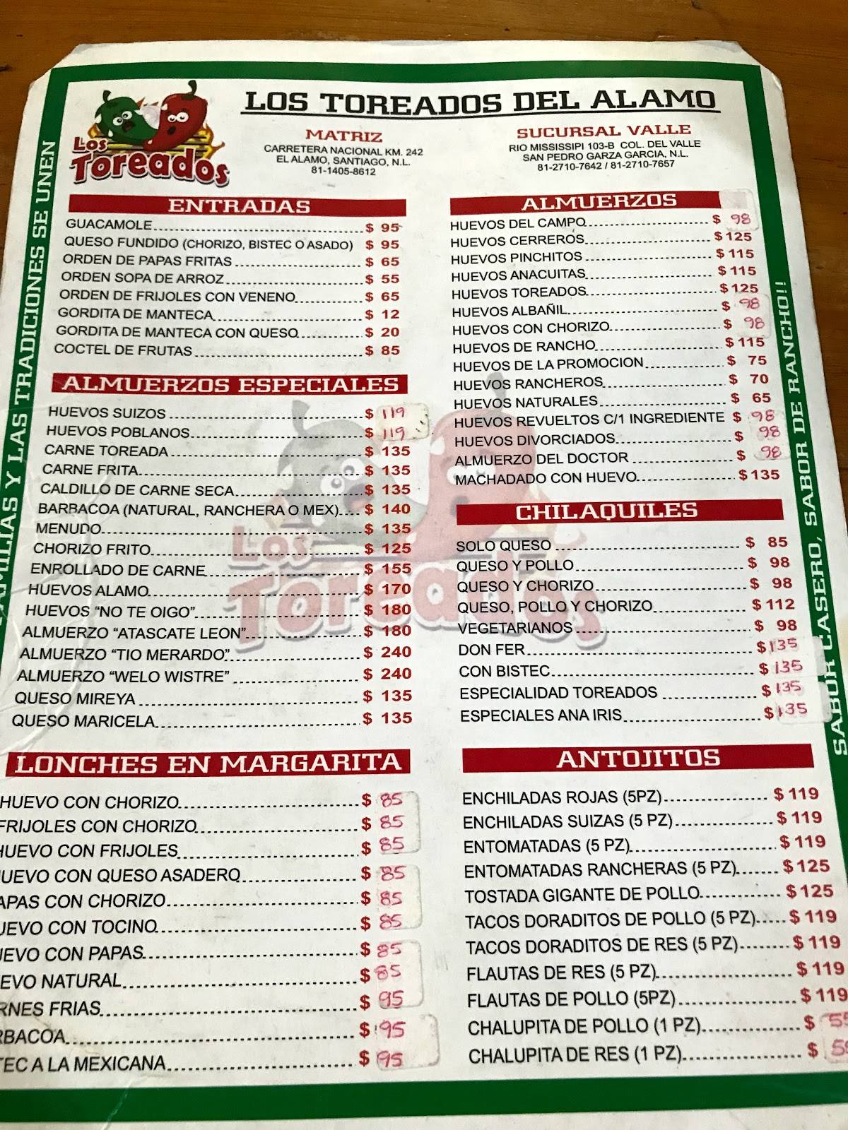 Carta del restaurante Los Toreados del Álamo, Santiago, México 85