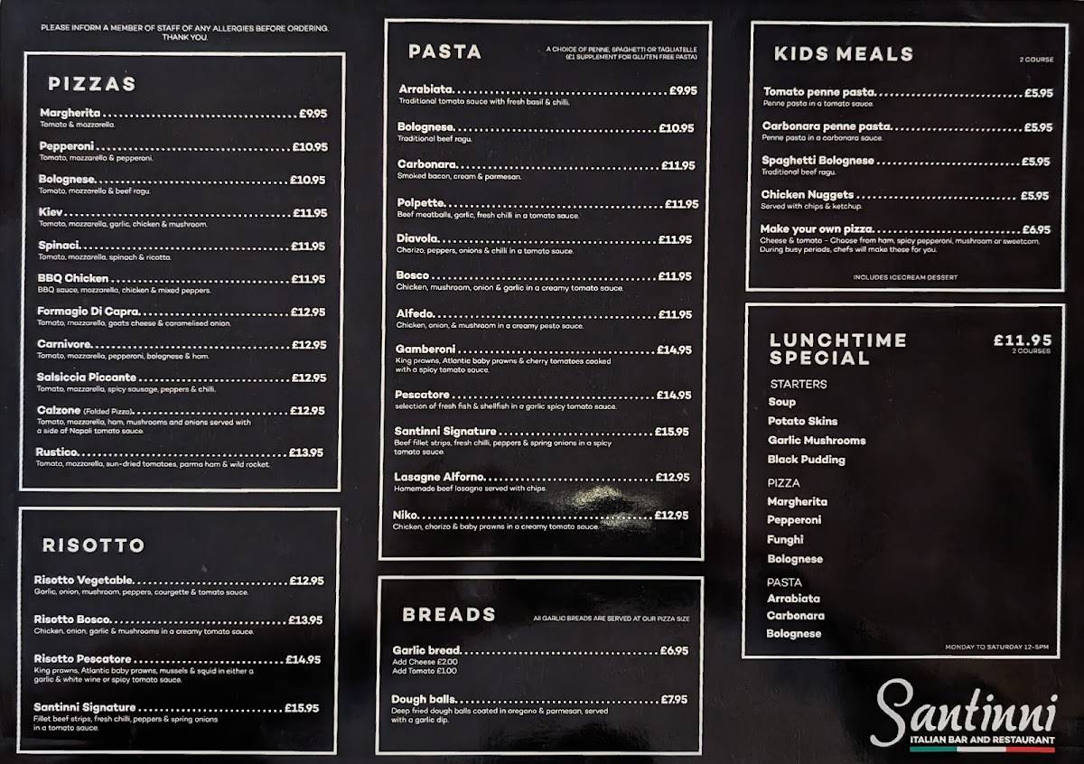 Menu at Santinni restaurant, Shildon