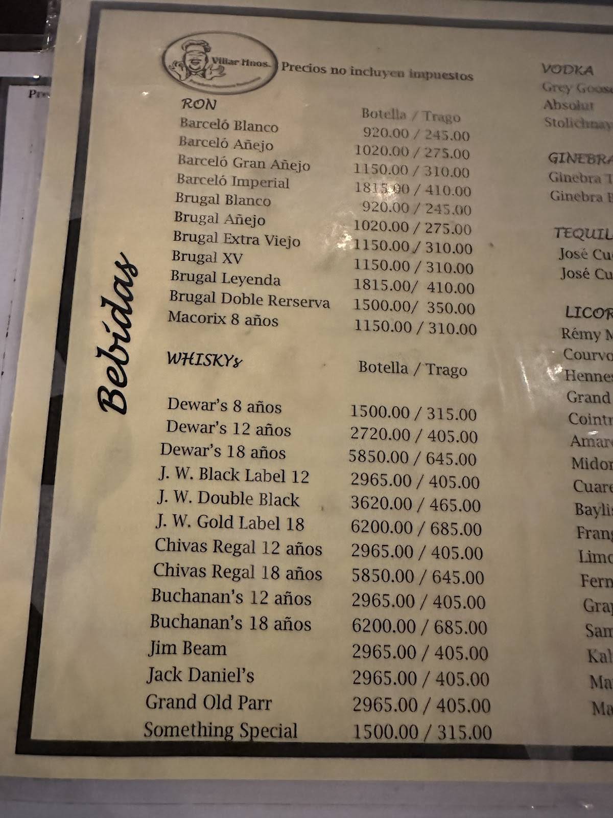 Carta del restaurante Villar Hermanos, Santo Domingo