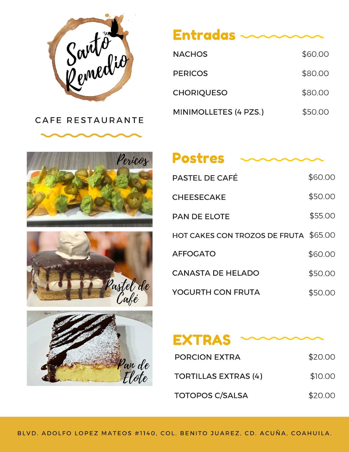 Carta de Santo Remedio Cafe Restaurante, Ciudad Acuña