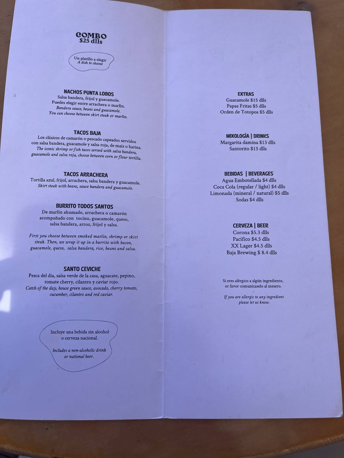 Carta del restaurante Santoro San José, San José del Cabo