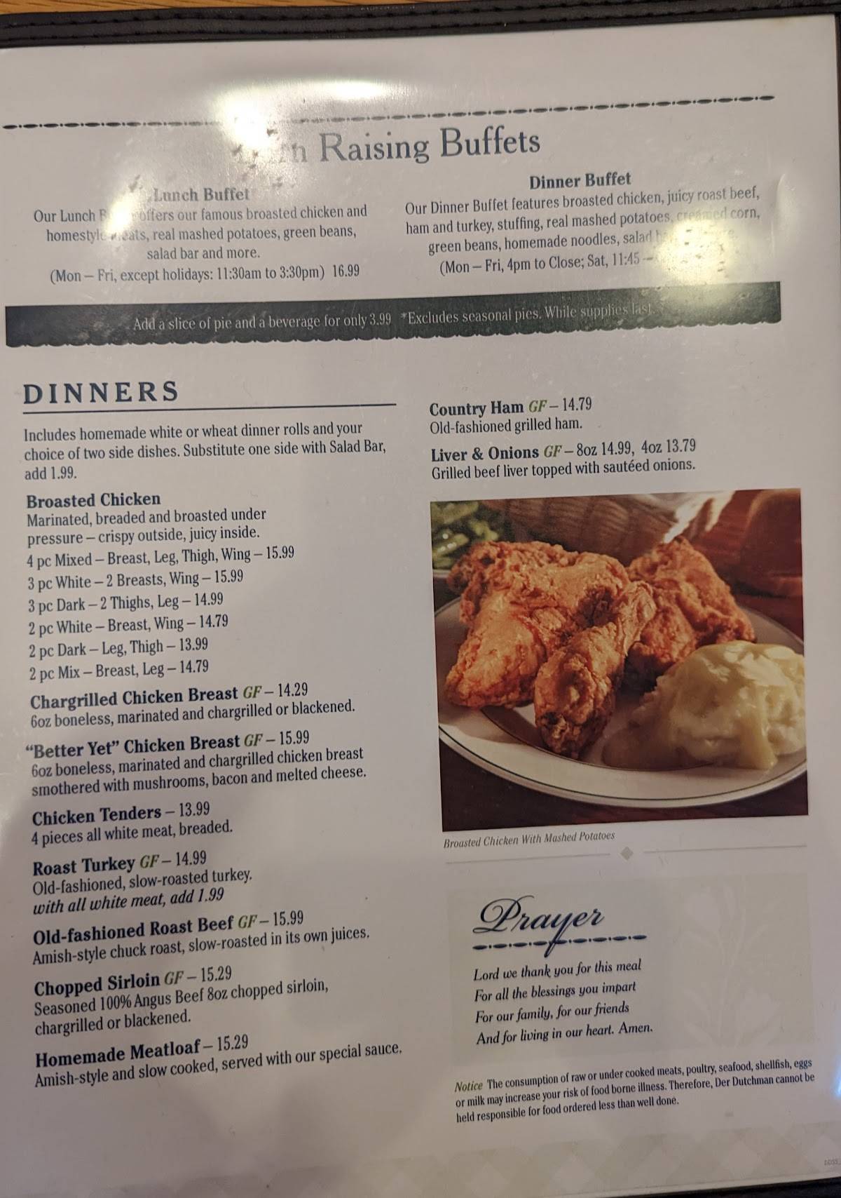 Menu at Der Dutchman restaurant, Sarasota, Bahia Vista St