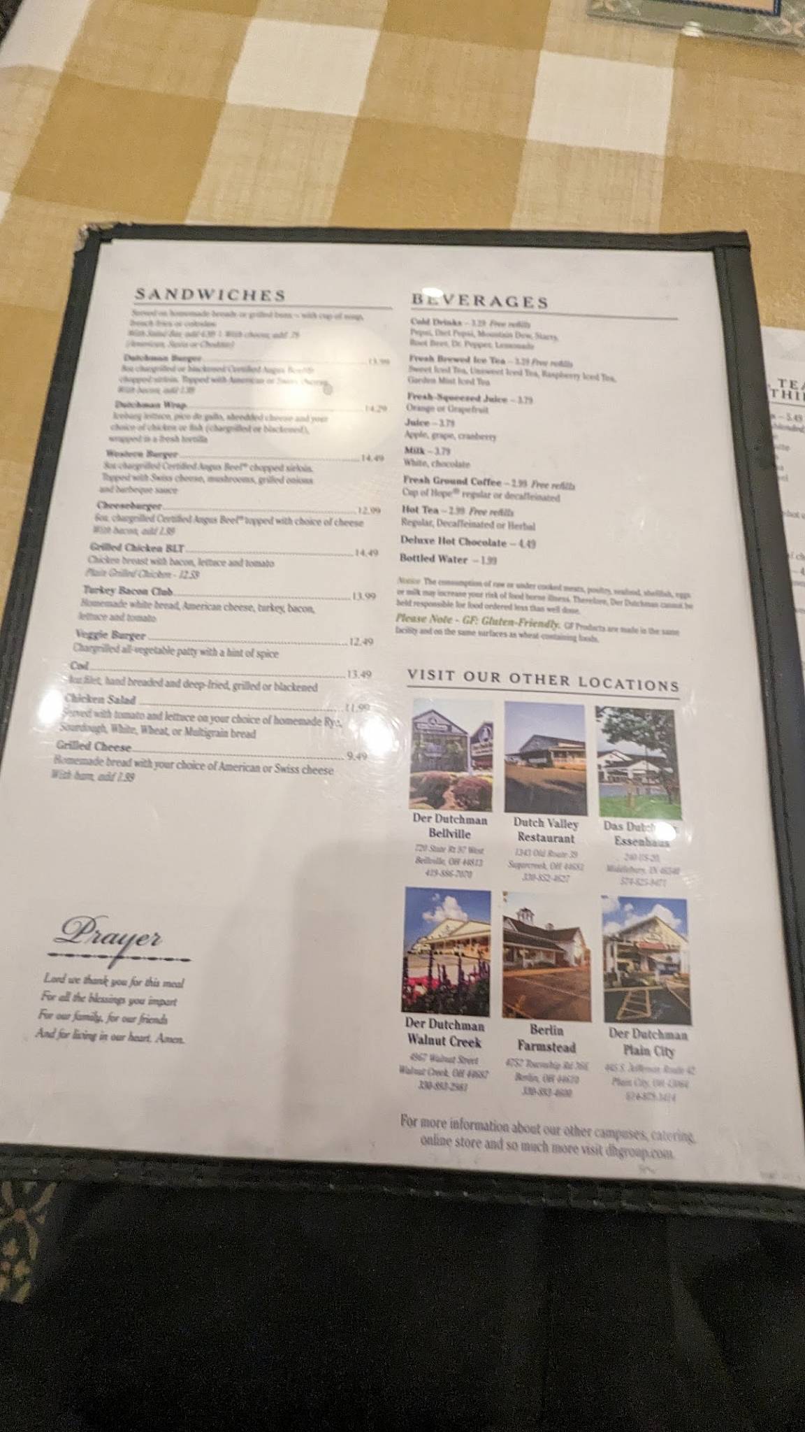 Menu at Der Dutchman restaurant, Sarasota, Bahia Vista St