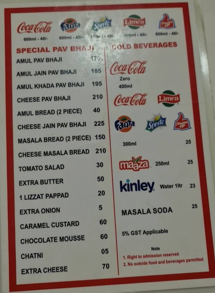 Menu at Sardar Pav Bhaji, Mumbai