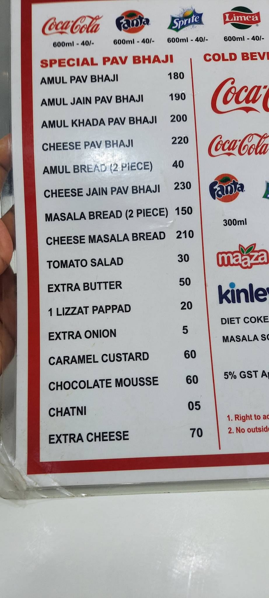 Menu at Sardar Pav Bhaji, Mumbai