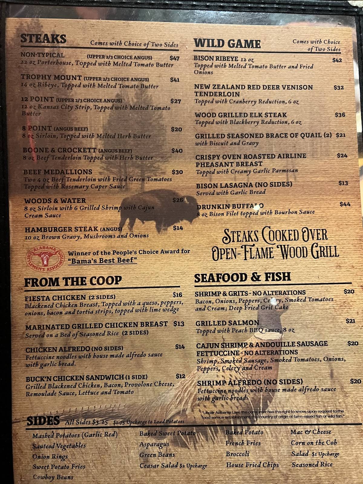 Menu at Bama Bucks steakhouse, Sardis City