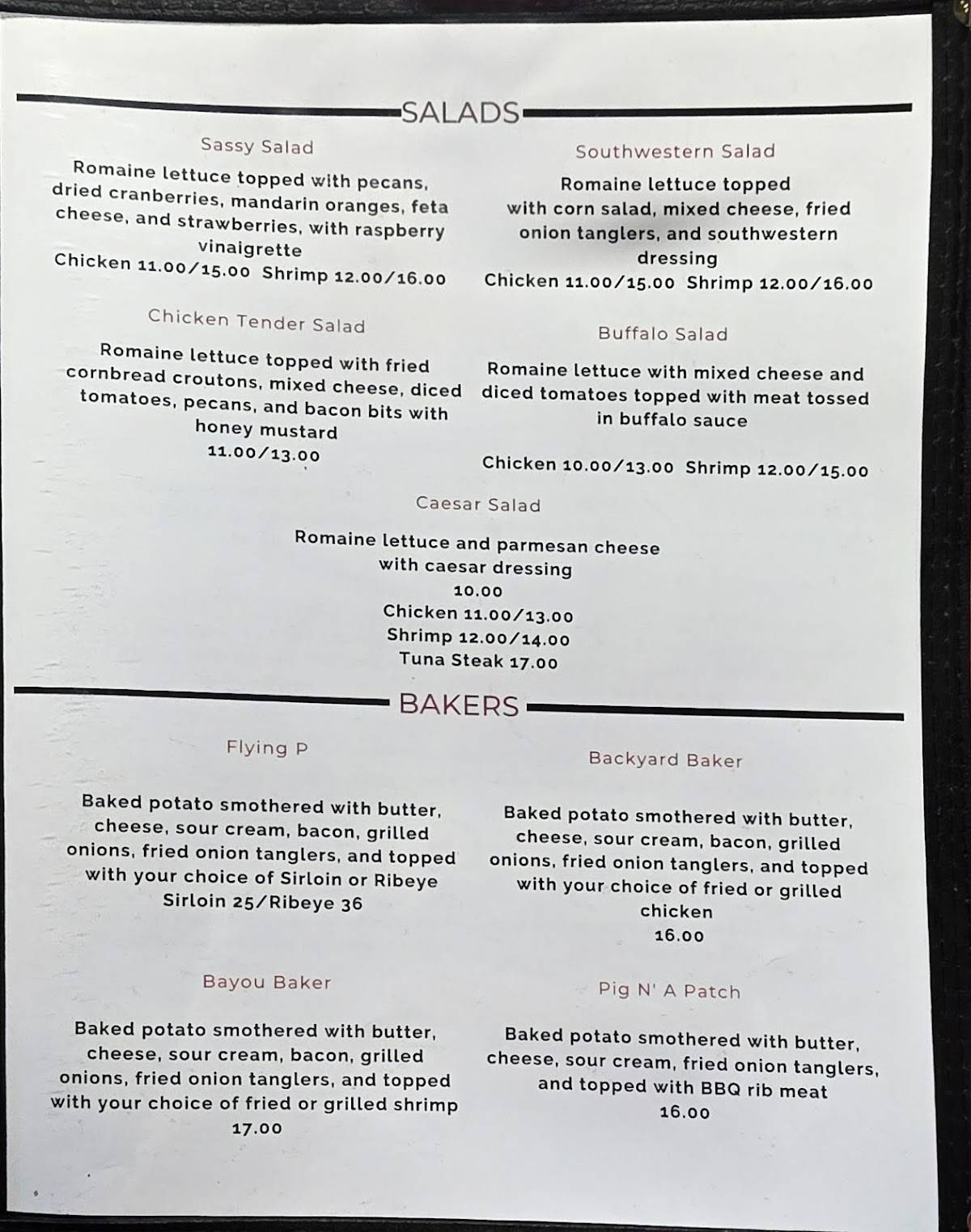 Menu at Sassy's Restaurant, Hurley