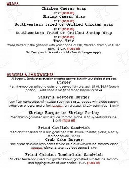 Menu at Sassy's Restaurant, Hurley