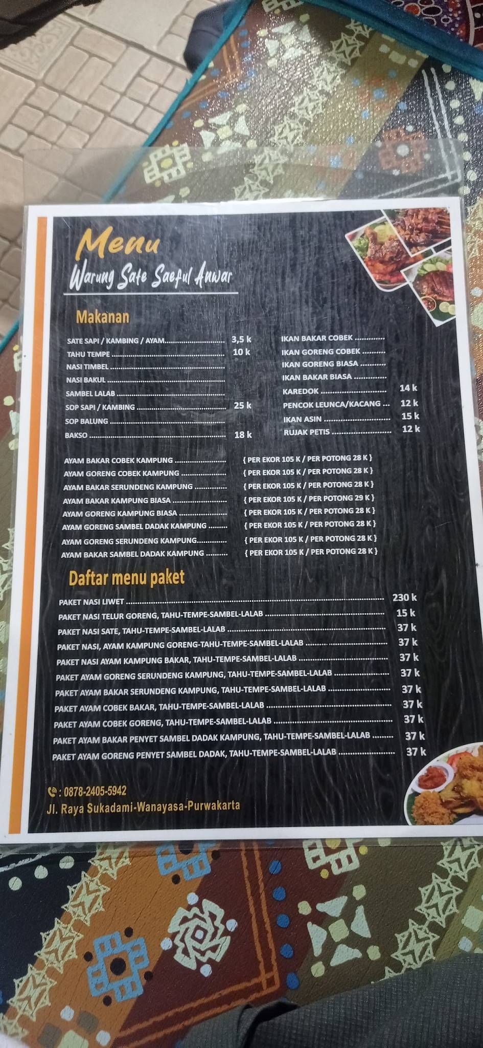 Carta del restaurante Sate Saepul Anwar, Legokhuni