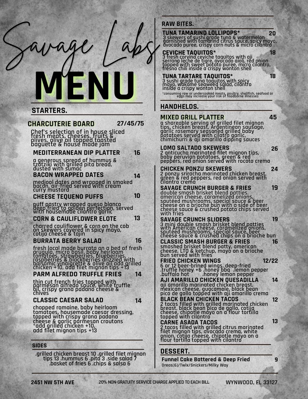 Menu at Savage Labs Wynwood pub & bar, Miami