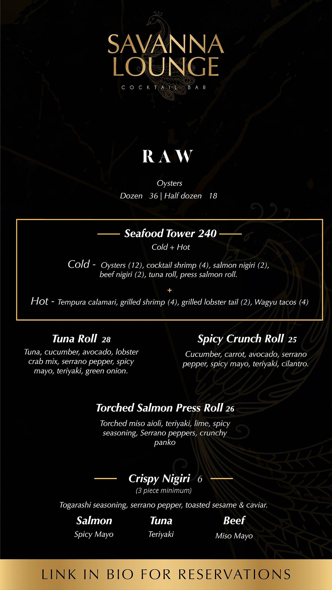 Menu at Savanna Lounge restaurant, Ottawa