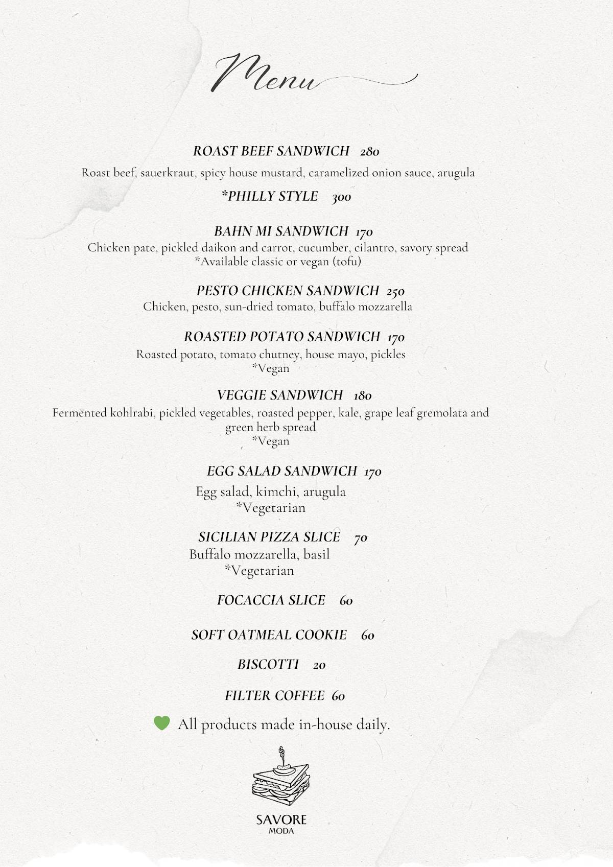 Menu at Savore Moda, Istanbul