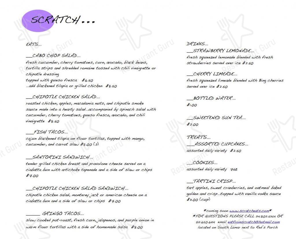 Menu at Scratch, Austin