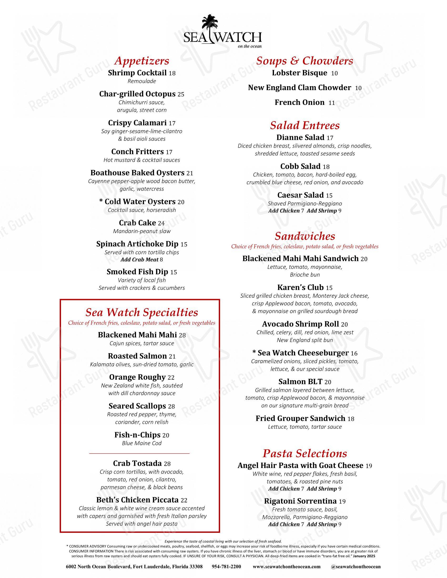 Menu at Sea Watch On the Ocean restaurant, Fort Lauderdale