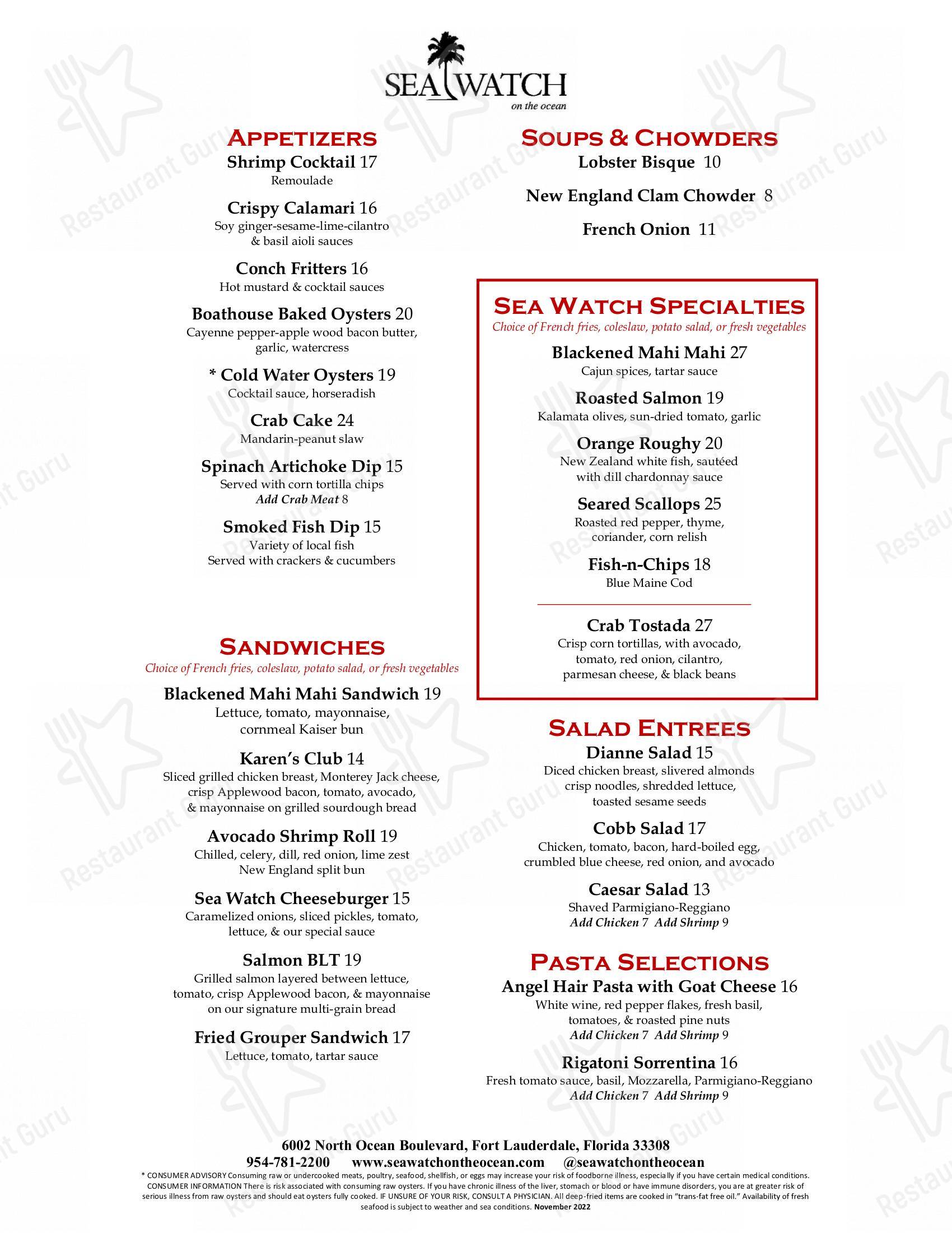 Menu at Sea Watch On the Ocean restaurant, Fort Lauderdale