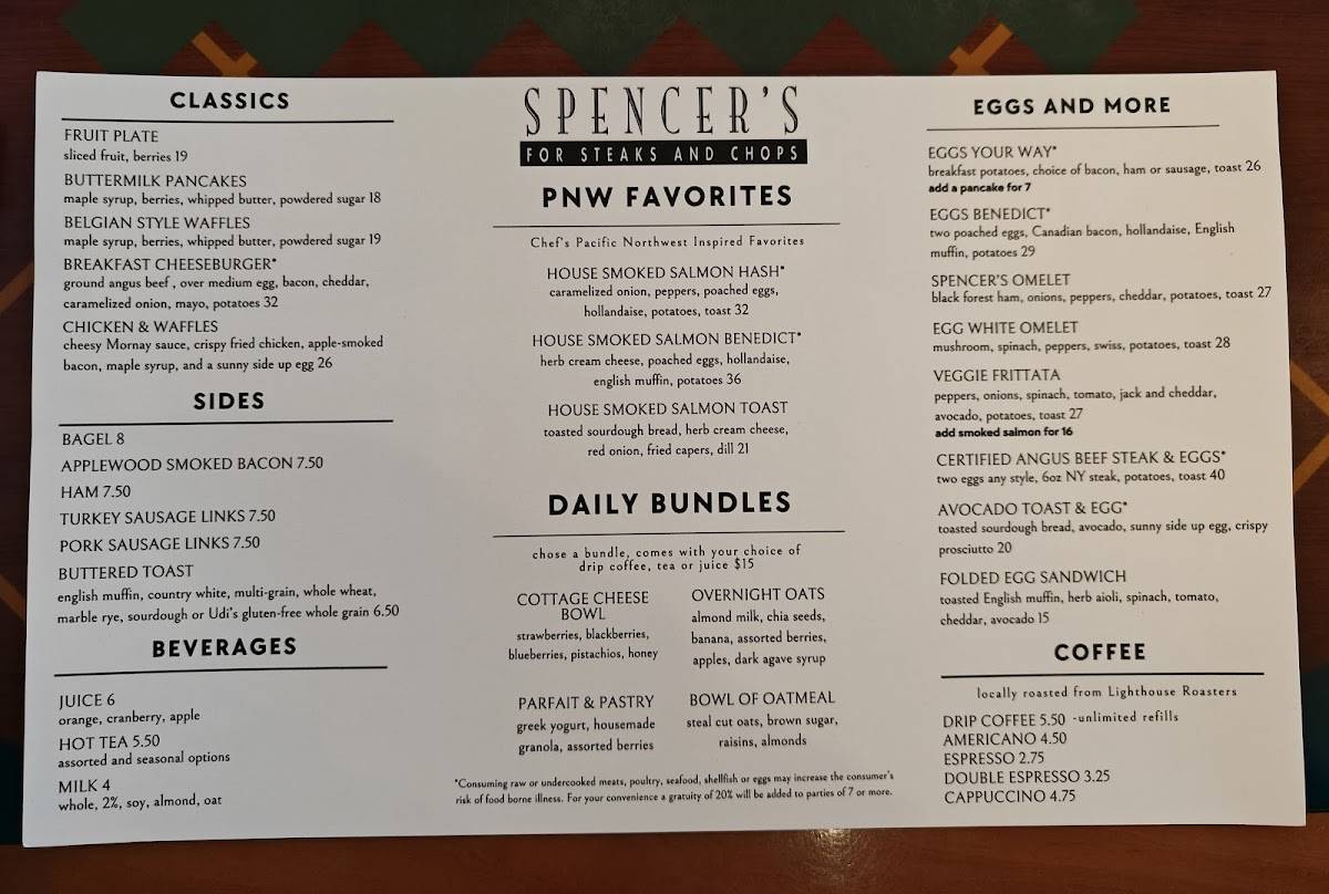 Menu at Spencer's for Steaks and Chops steakhouse, Seattle