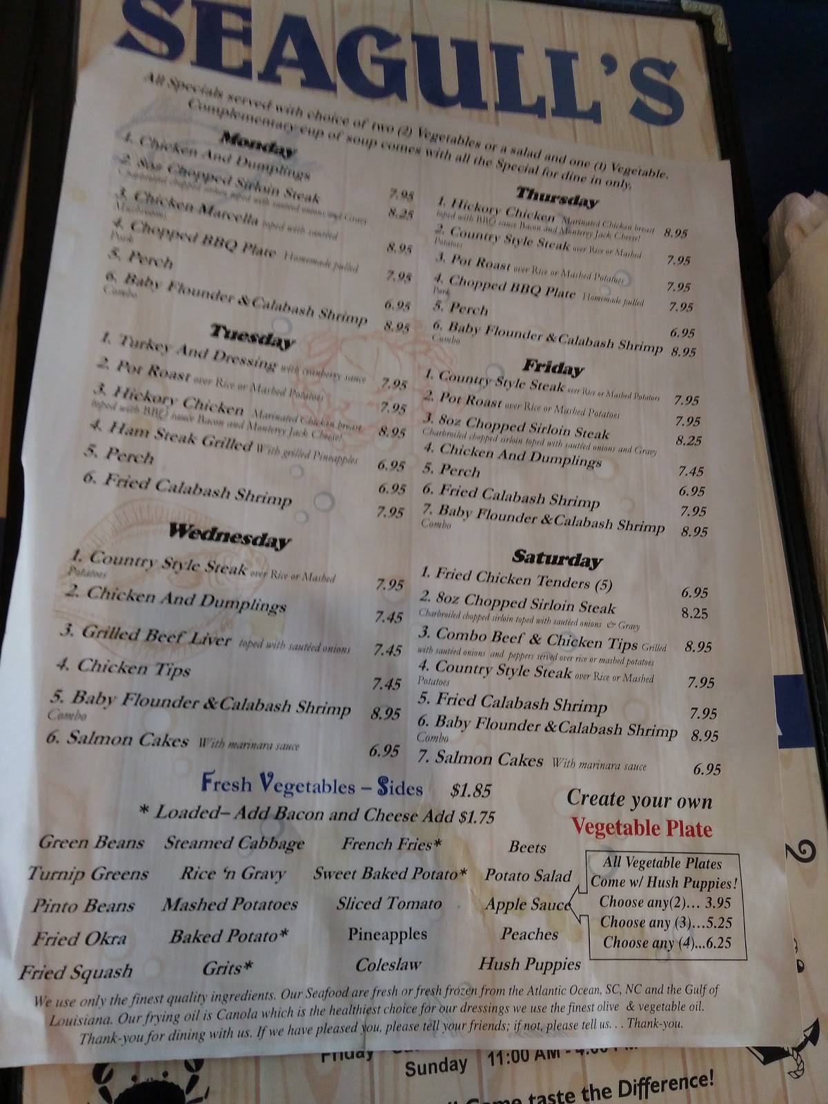 Menu at Seagull's Grill steakhouse, Lancaster