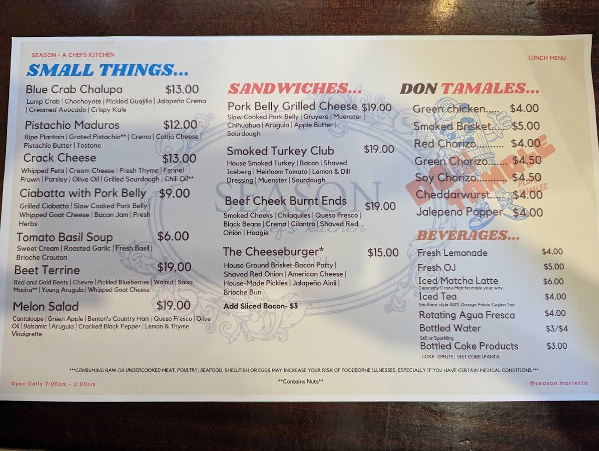 Menu at Season desserts, Marietta