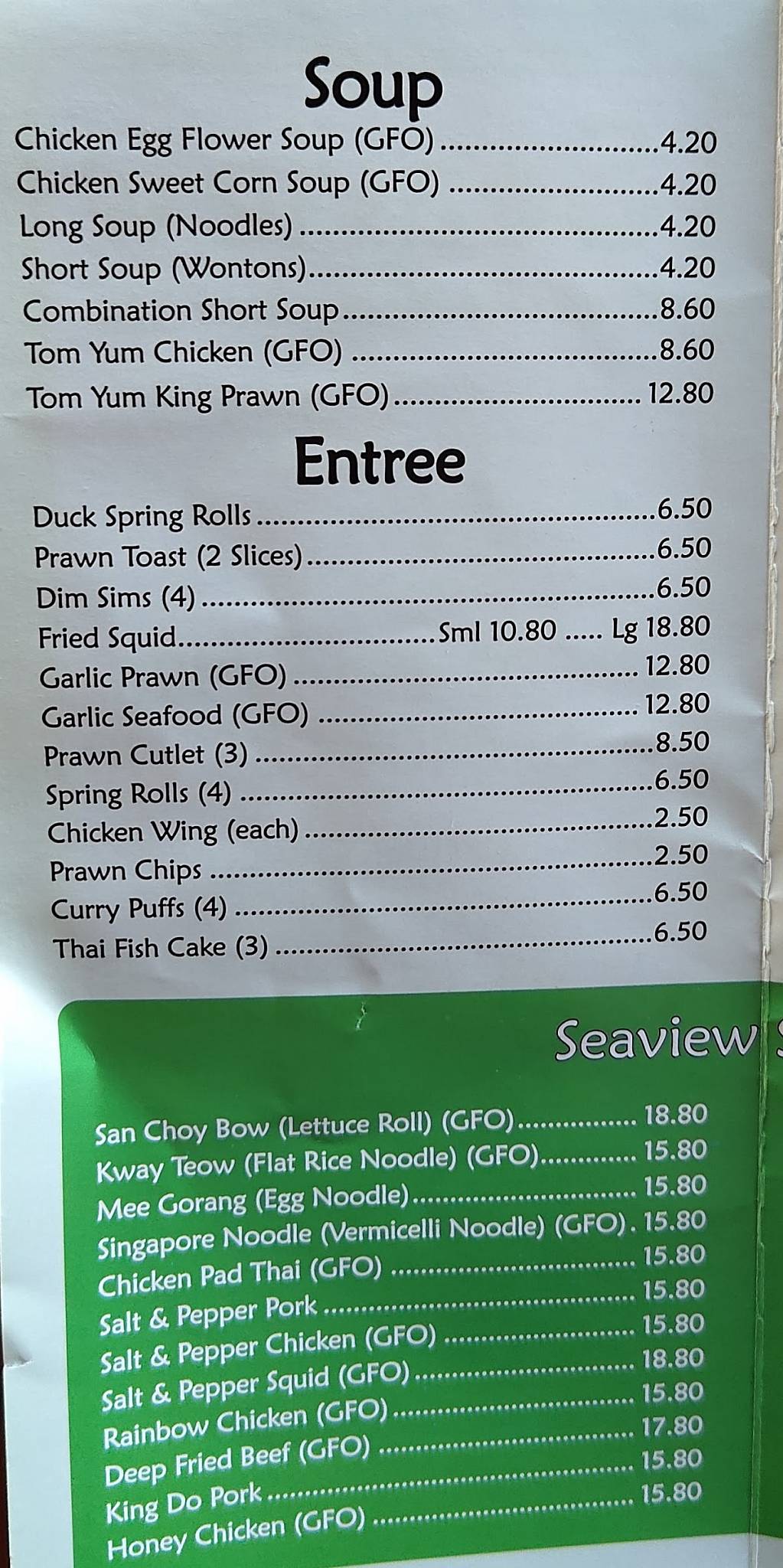 Menu at Seaview Malaysian restaurant, Redhead