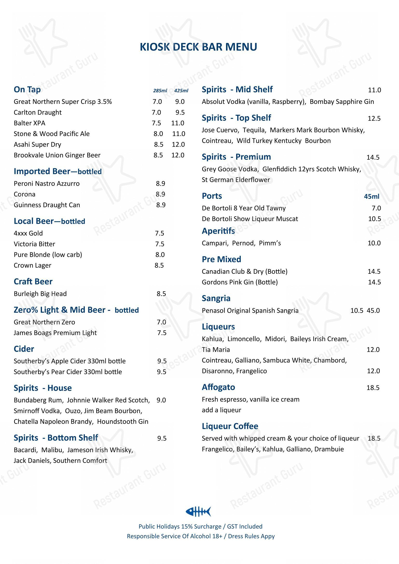 Menu at Seaway Kiosk restaurant, Main Beach