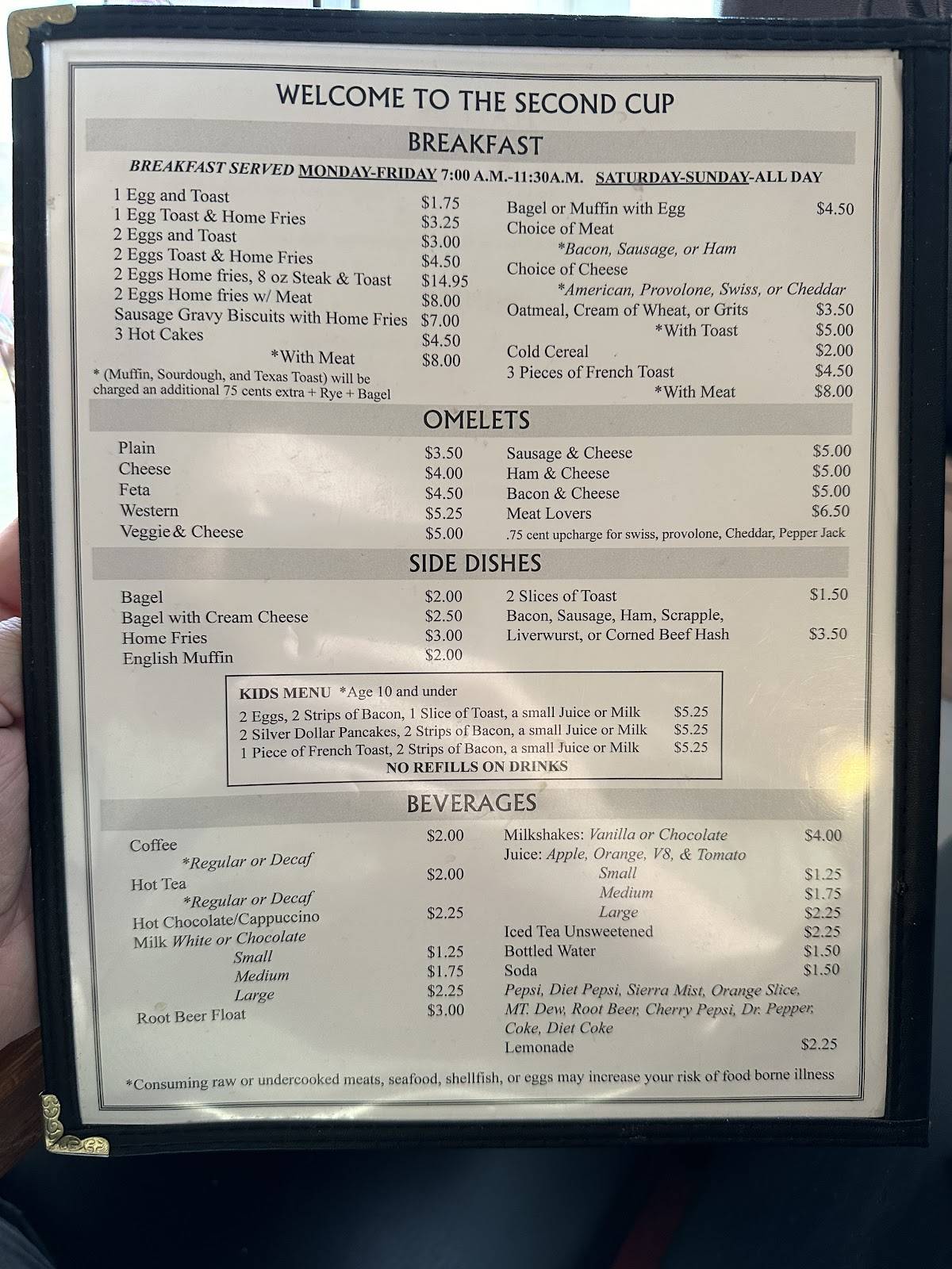 Menu at Second Cup restaurant, Lock Haven