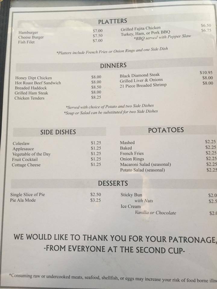 Menu at Second Cup restaurant, Lock Haven