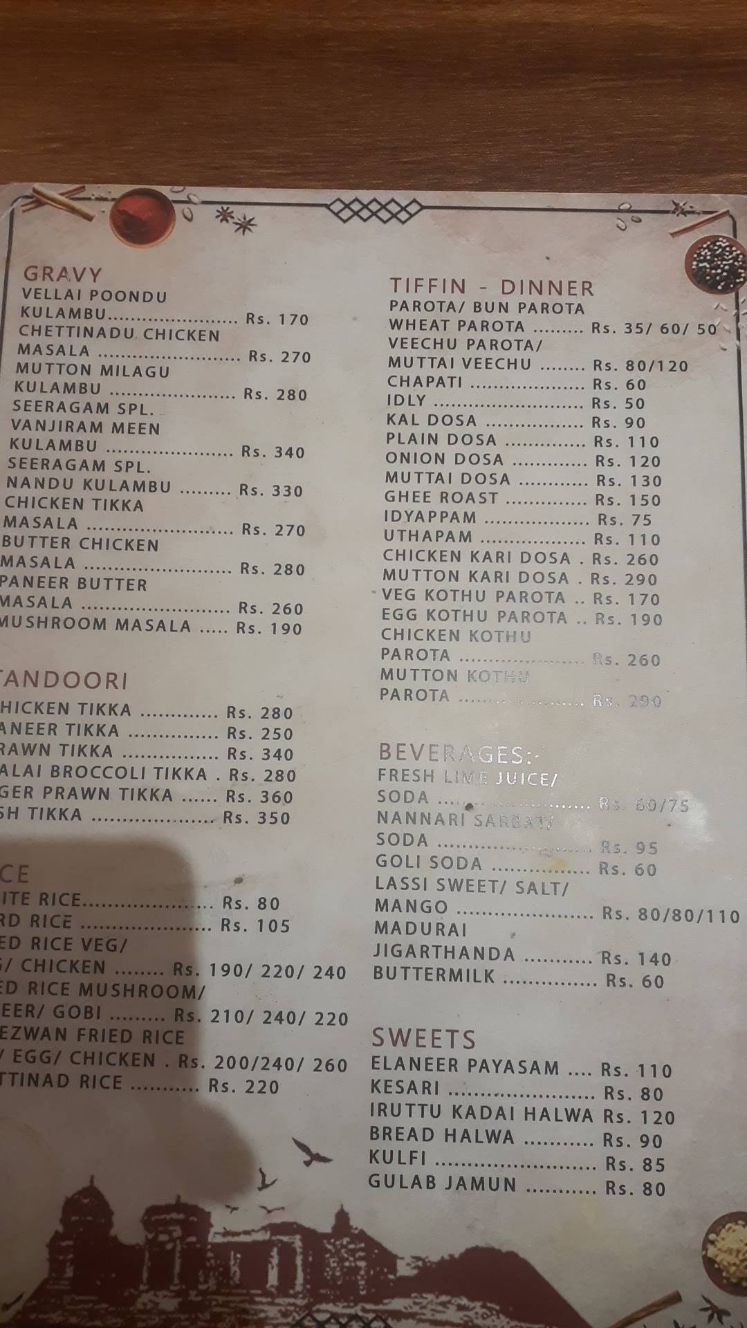 Menu at Seeragam, Chennai