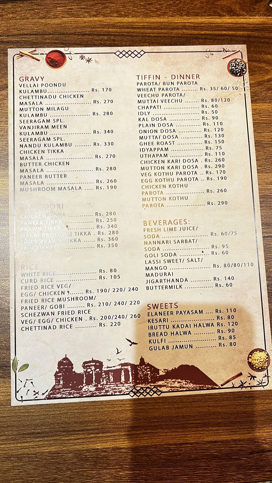 Menu at Seeragam, Chennai