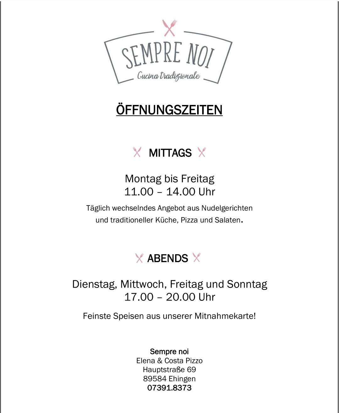 Speisekarte von Sempre Noi restaurant, Ehingen (Donau)