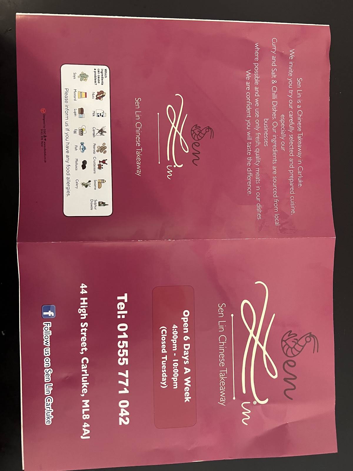 Menu at Sen Lin fast food, Carluke