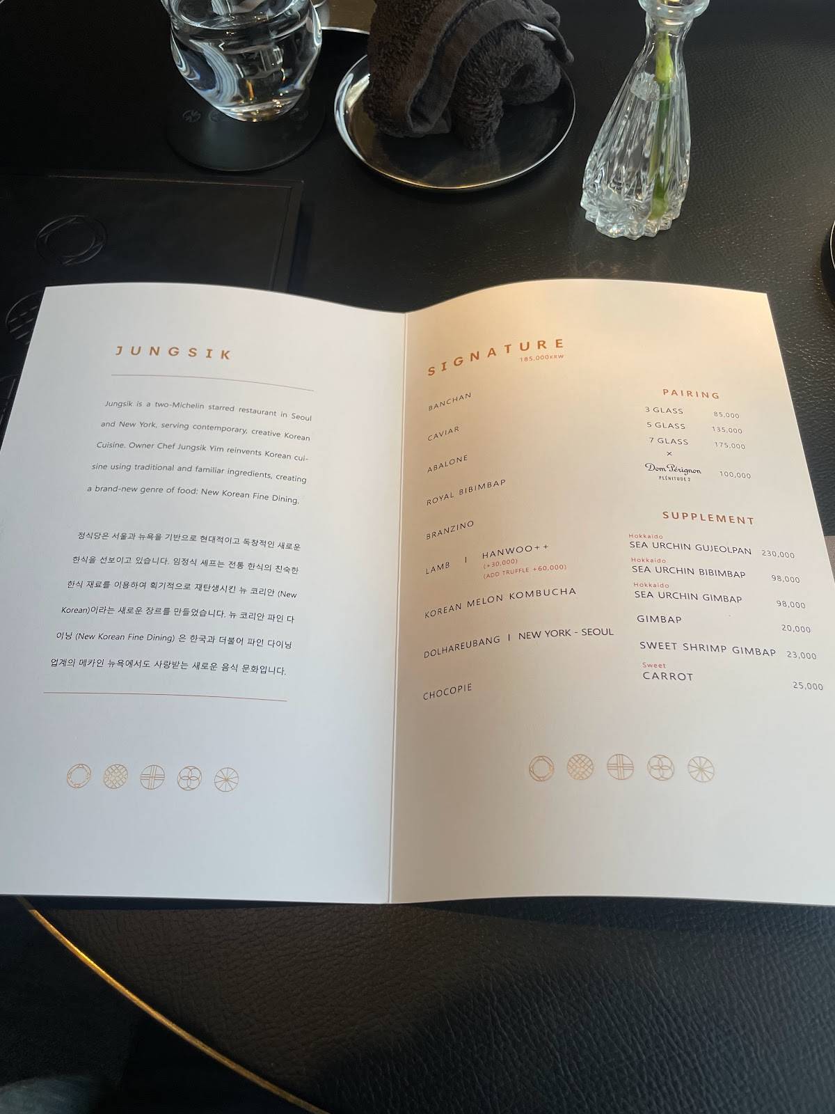 Menu at Jungsik Seoul restaurant, Seoul
