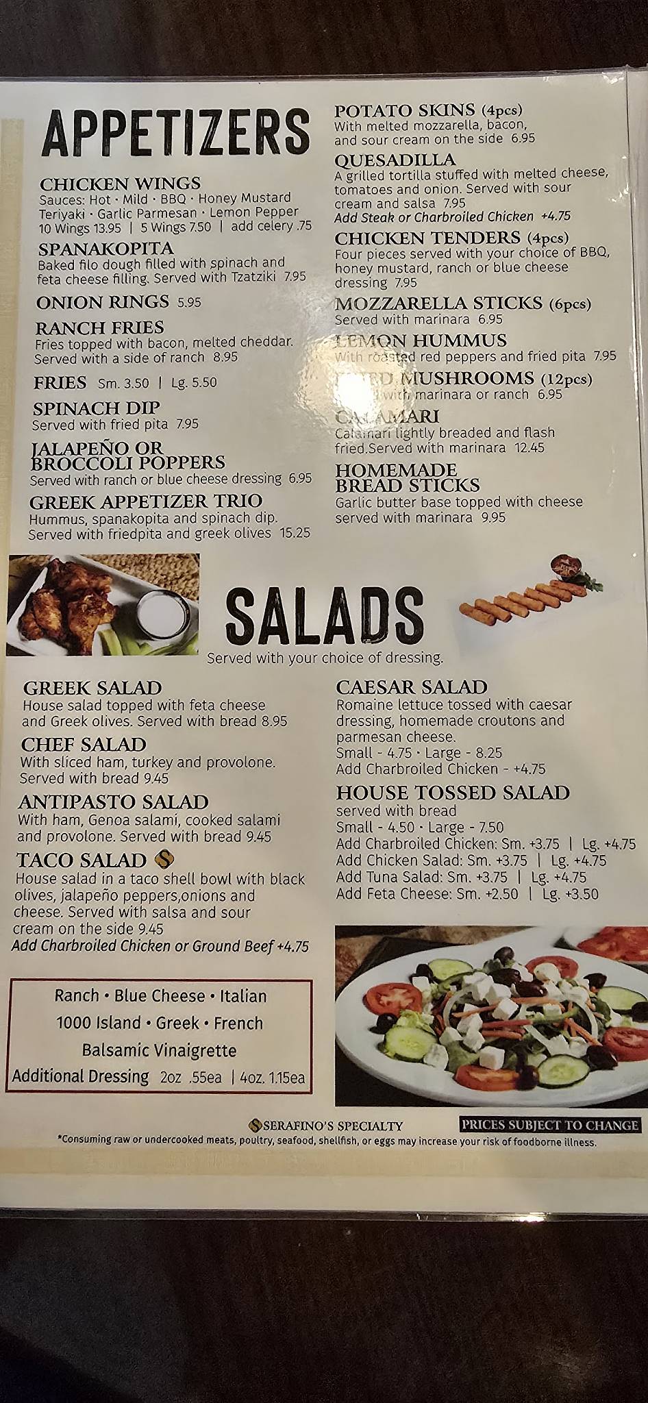 Menu at Serafinos restaurant, Myrtle Beach, 587 Burcale Rd