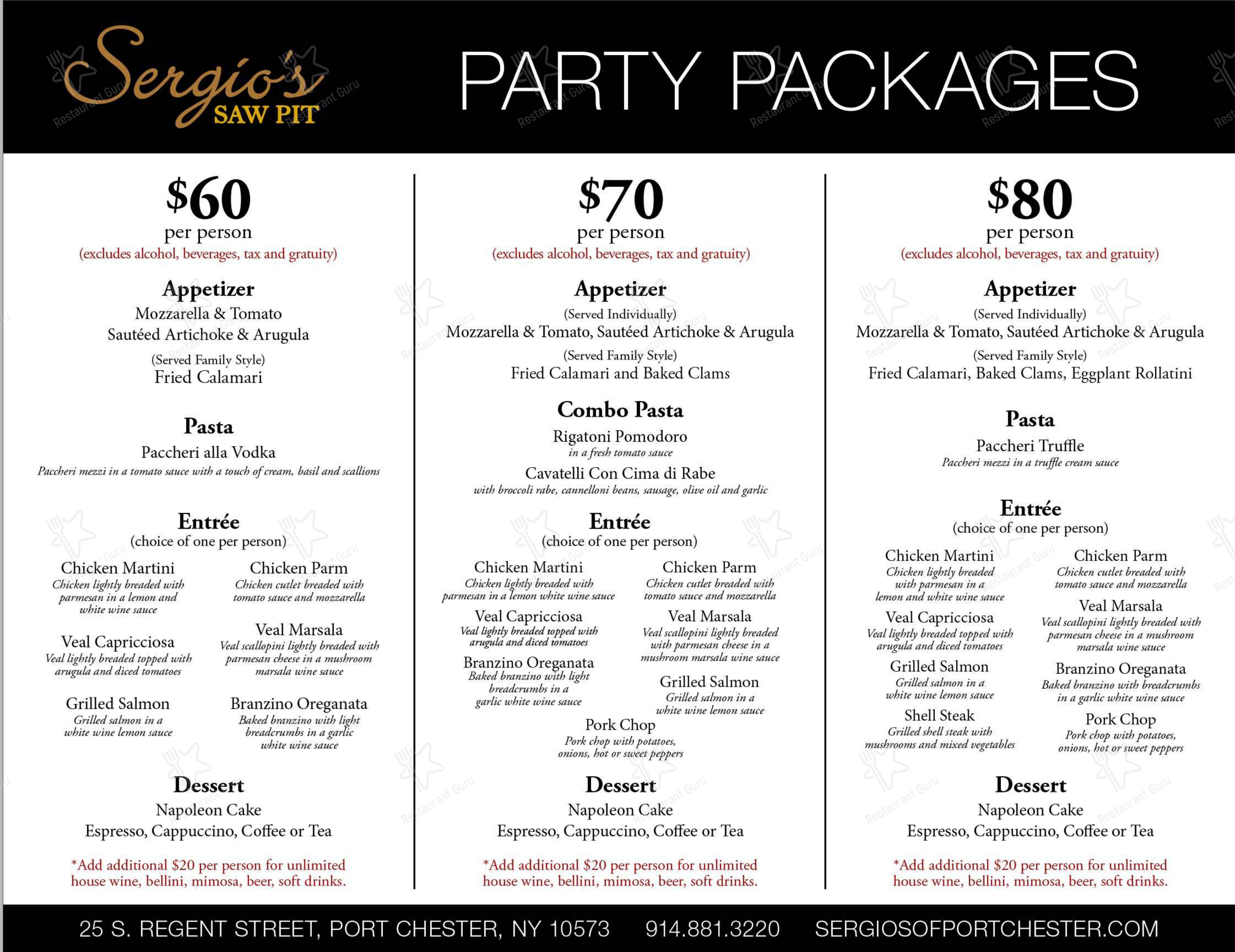 Menu at Sergio's Saw Pit restaurant, Port Chester